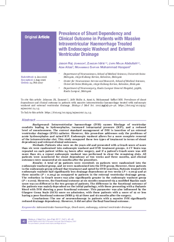 (PDF) Prevalence of Shunt Dependency and Clinical Outcome in Patients with Massive ...