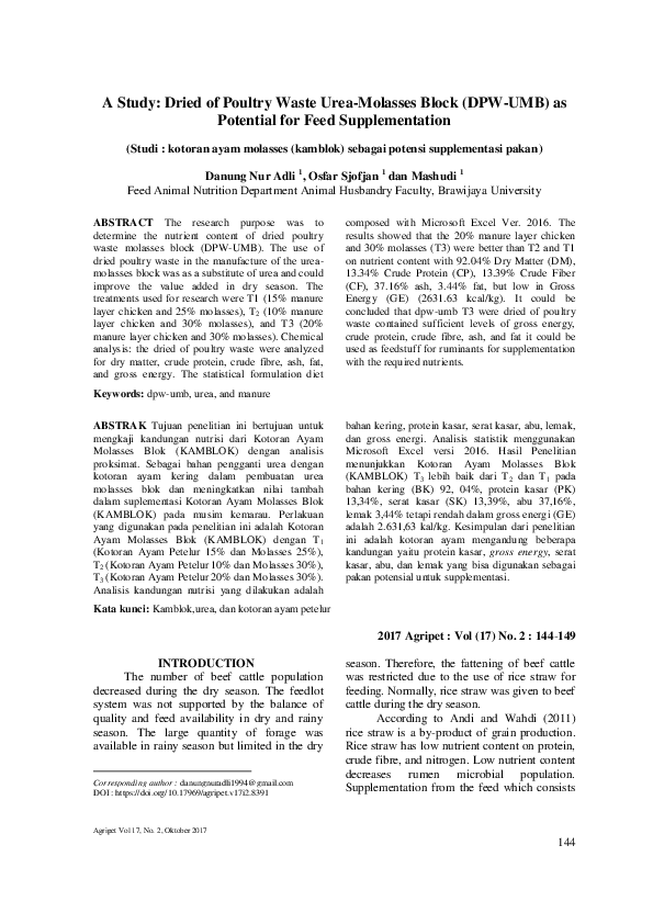 (PDF) Dried of Poultry Waste Urea-Molasses Block (dpw-umb) as Potential ...