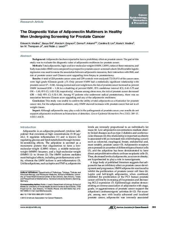 (PDF) The Diagnostic Value of Adiponectin Multimers in Healthy Men ...