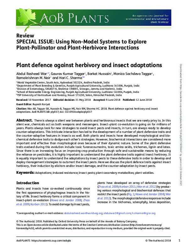 (PDF) Plant Defense Against Herbivory and Insect Adaptations | Barkat ...