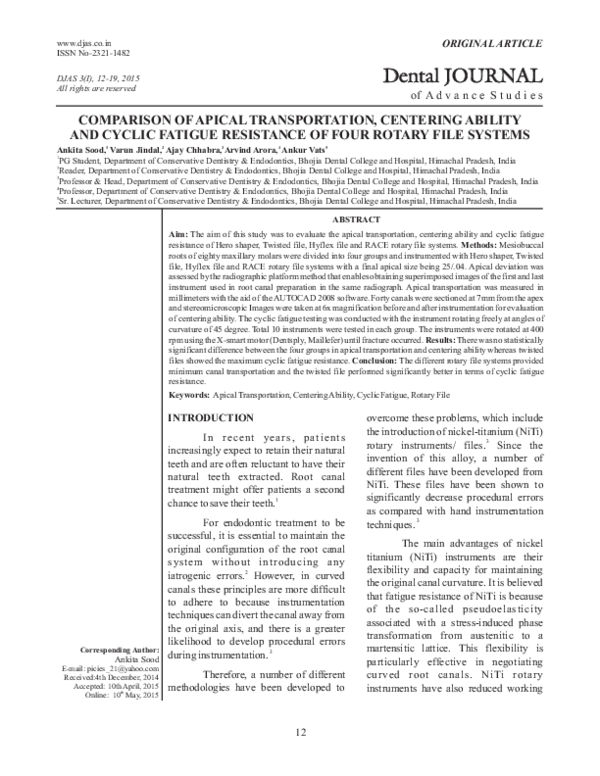 (PDF) Comparison of Apical Transportation, Centering Ability and Cyclic ...