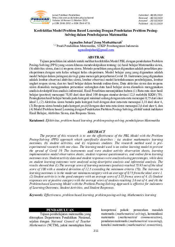 (PDF) Keefektifan Model Problem Based Learning Dengan Pendekatan Problem Posing- Solving dalam ...