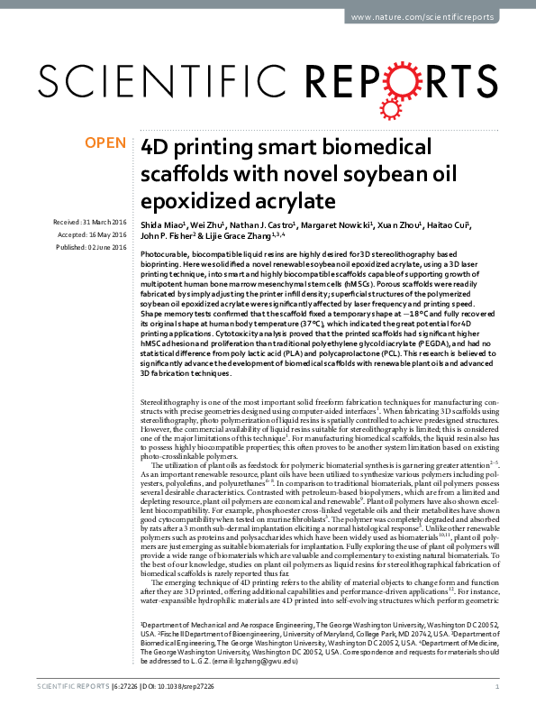 (PDF) 4D printing smart biomedical scaffolds with novel soybean oil ...