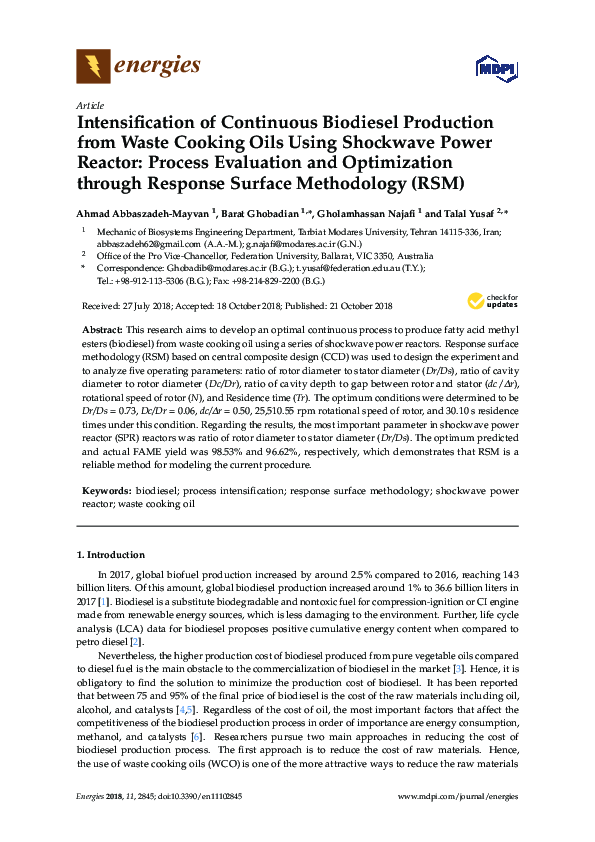 (PDF) Intensification of Continuous Biodiesel Production from Waste Cooking Oils Using Shockwave ...