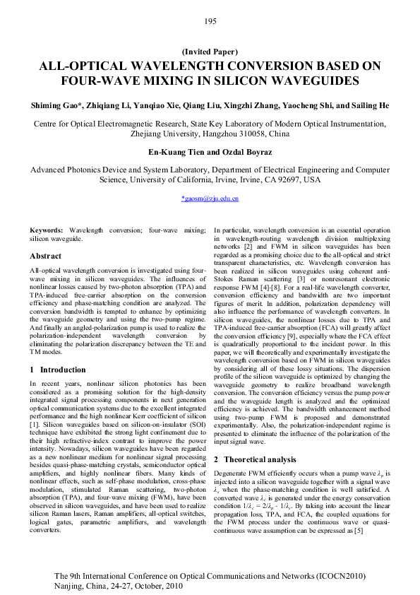 (PDF) All-optical wavelength conversion based on four-wave mixing in silicon waveguides
