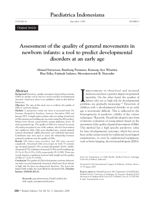 (PDF) Assessment of the quality of general movements in newborn infants ...
