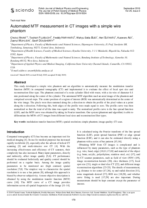 (PDF) Automated MTF measurement in CT images with a simple wire phantom