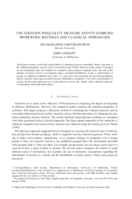 (PDF) The Atkinson Inequality Measure and its Sampling Properties: Bayesian and Classical Approaches