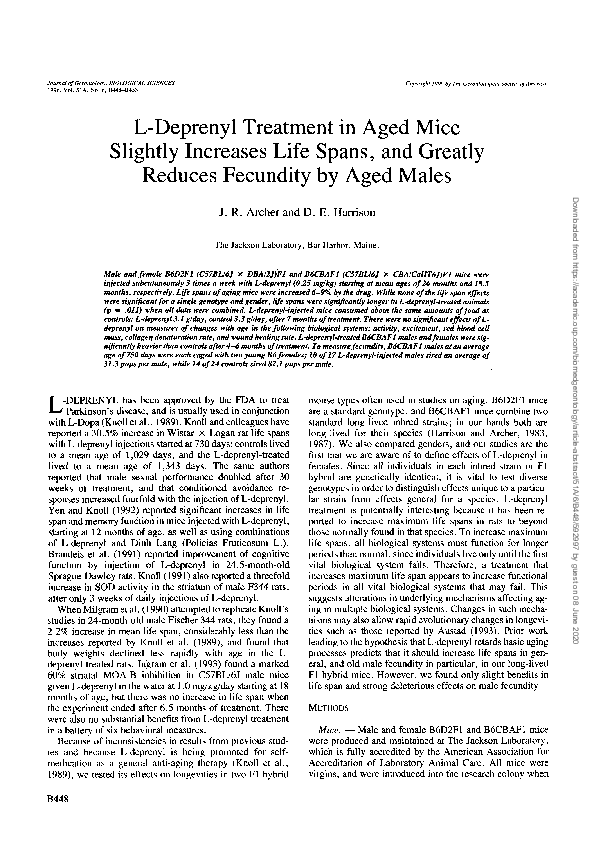 (PDF) L-Deprenyl Increases Lifespan but Reduces Fecundity in Mice