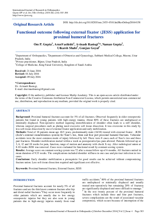 (PDF) Functional outcome following external fixator (JESS) application for proximal humeral ...