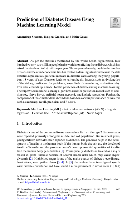 (PDF) Prediction of Diabetes Disease Using Machine Learning Model