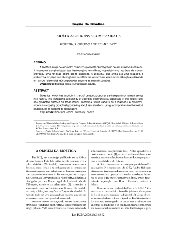 (PDF) Bio tica: Origens e Complexidade
