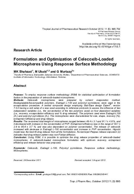 Pdf Formulation And Optimization Of Celecoxib Loaded Microspheres Using Response Surface
