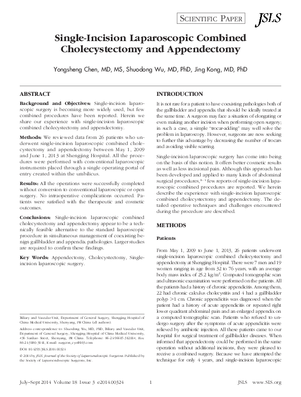 (PDF) Single-Incision Laparoscopic Combined Cholecystectomy and Appendectomy