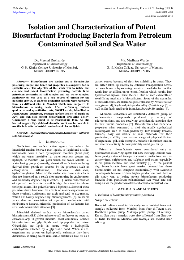 (PDF) Isolation and Characterization of Potent Biosurfactant Producing Bacteria from Petroleum ...