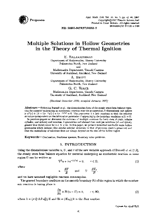 (PDF) Multiple solutions in hollow geometries in the theory of thermal ignition | Graeme C Wake ...