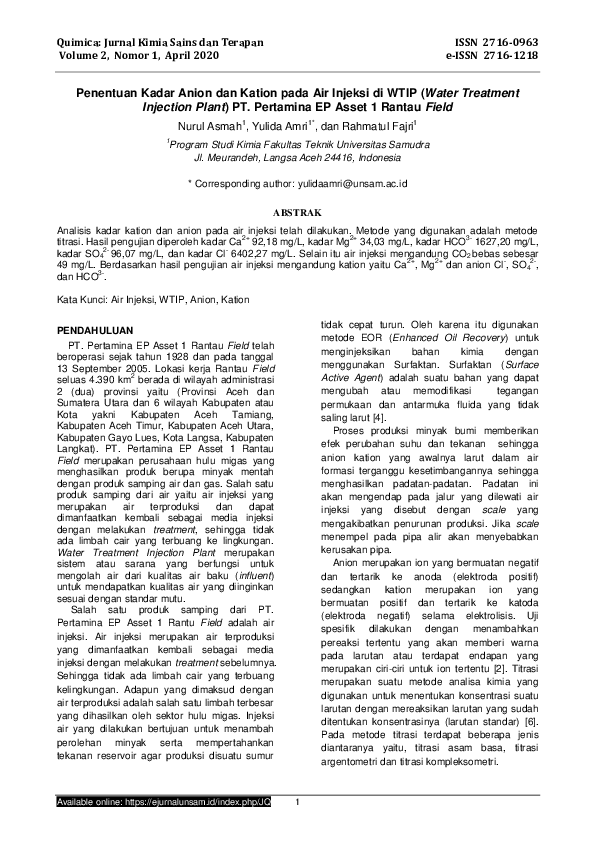 (PDF) PENENTUAN KADAR KATION DAN ANION PADA AIR INJEKSI DI WTIP (Water ...
