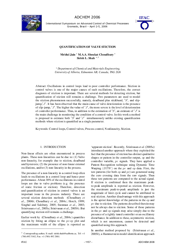 (PDF) Quantification of Valve Stiction | Shoukat Choudhury - Academia.edu