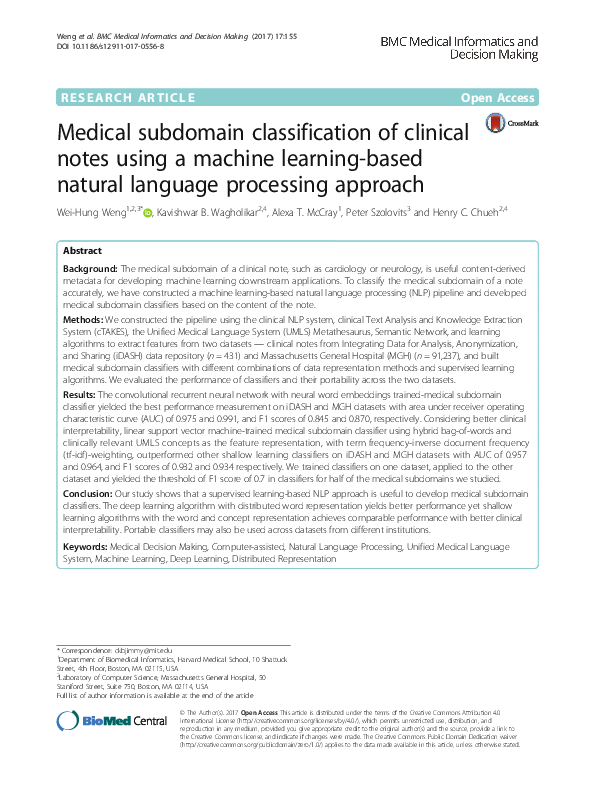 (PDF) Medical subdomain classification of clinical notes using a ...