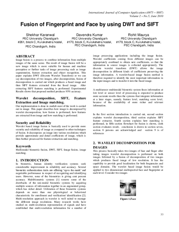 (PDF) Fusion of fingerprint and face by using DWT and SIFT