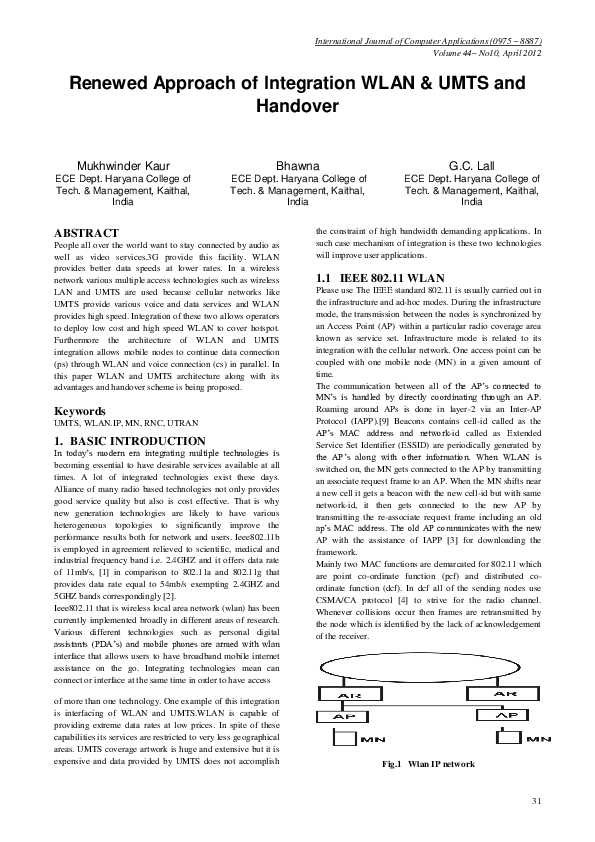 (PDF) Renewed Approach of Integration WLAN & UMTS and Handover