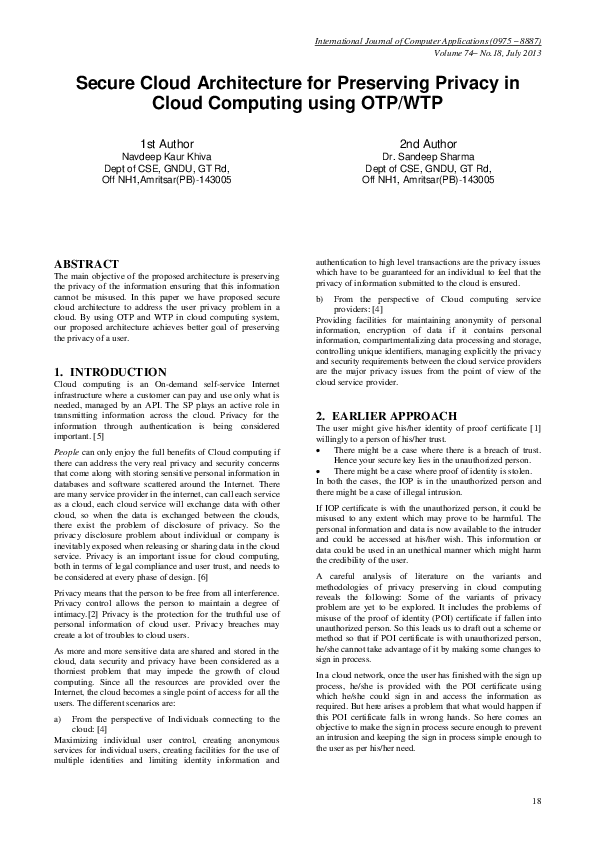 (PDF) Secure Cloud Architecture for Preserving Privacy in Cloud Computing using OTP/WTP