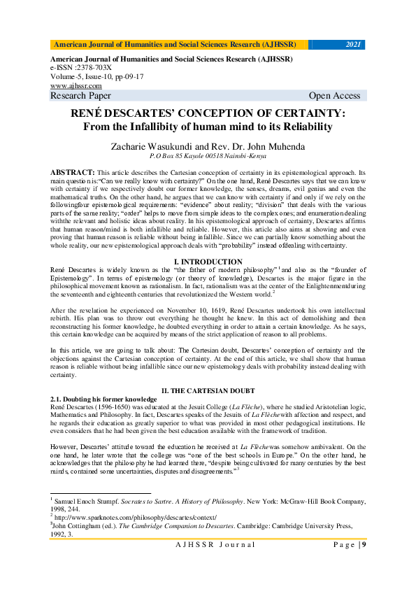 (PDF) RENÉ DESCARTES' CONCEPTION OF CERTAINTY: From the Infallibity of ...