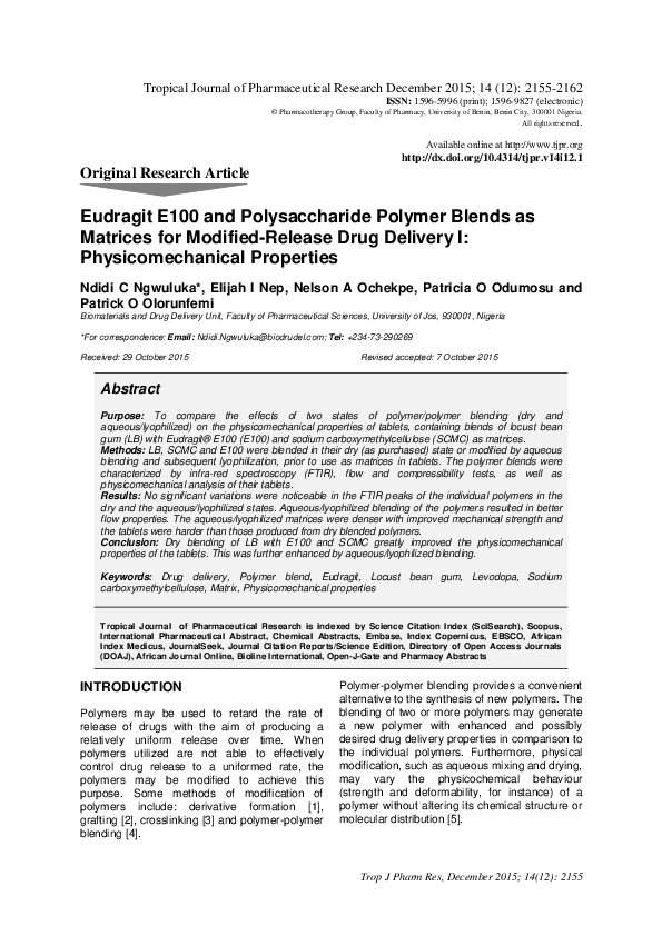 (PDF) Eudragit E100 and Polysaccharide Polymer Blends as Matrices for ...