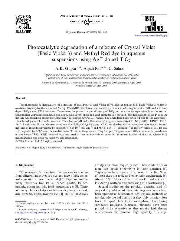 (PDF) Photocatalytic degradation of a mixture of Crystal Violet (Basic ...