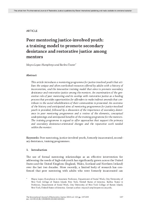 (PDF) Peer mentoring justice-involved youth: a training model to promote secondary desistance ...