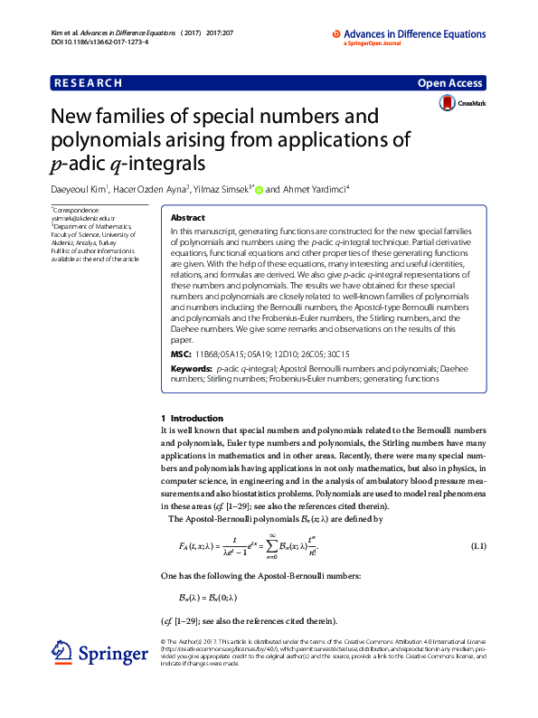 Pdf New Families Of Special Numbers And Polynomials Arising From Applications Of P Adic Q