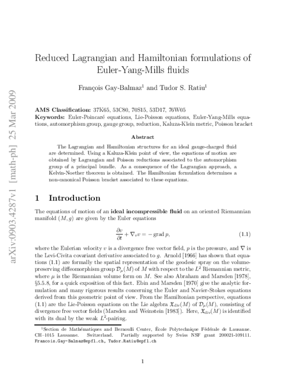 (PDF) Reduced Lagrangian and Hamiltonian formulations of Euler-Yang-Mills fluids