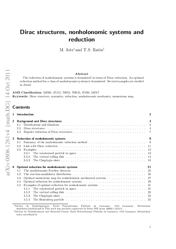 (PDF) Dirac Structures, Nonholonomic Systems and Reduction