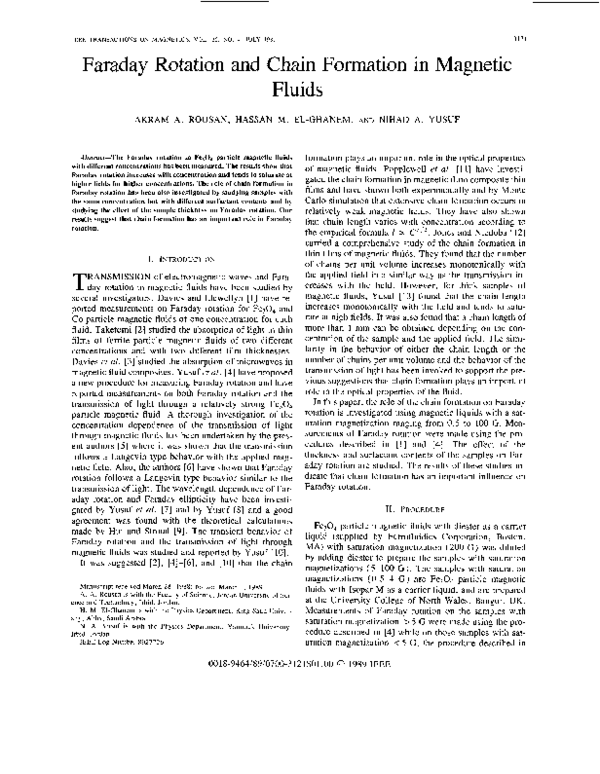 (PDF) Faraday rotation and chain formation in magnetic fluids