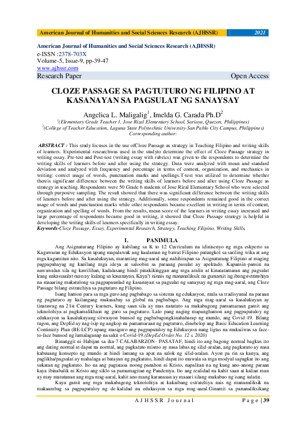 (PDF) CLOZE PASSAGE SA PAGTUTURO NG FILIPINO AT KASANAYAN SA PAGSULAT ...