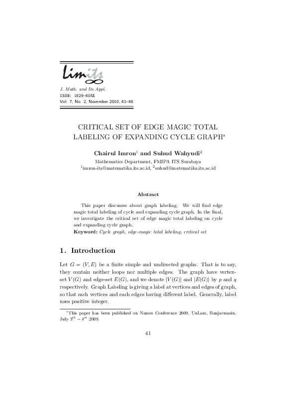 (PDF) Critical Set of Edge Magic Total Labeling of Expanding Cycle Graph
