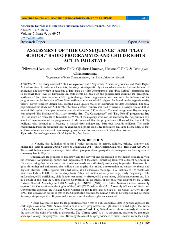 (PDF) ASSESSMENT OF "THE CONSEQUENCE" AND "PLAY SCHOOL" RADIO ...