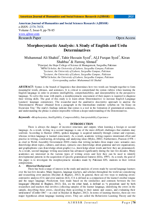 (PDF) Morphosyntactic Analysis: A Study of English and Urdu Determinatives