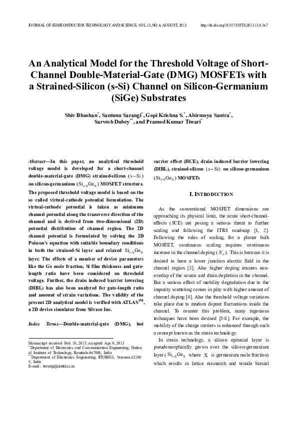 (PDF) An Analytical Model for the Threshold Voltage of ShortChannel Double-Material-Gate (DMG ...