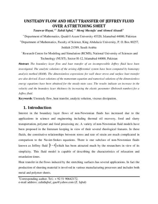 (PDF) Unsteady flow and heat transfer of Jeffrey fluid over a stretching sheet
