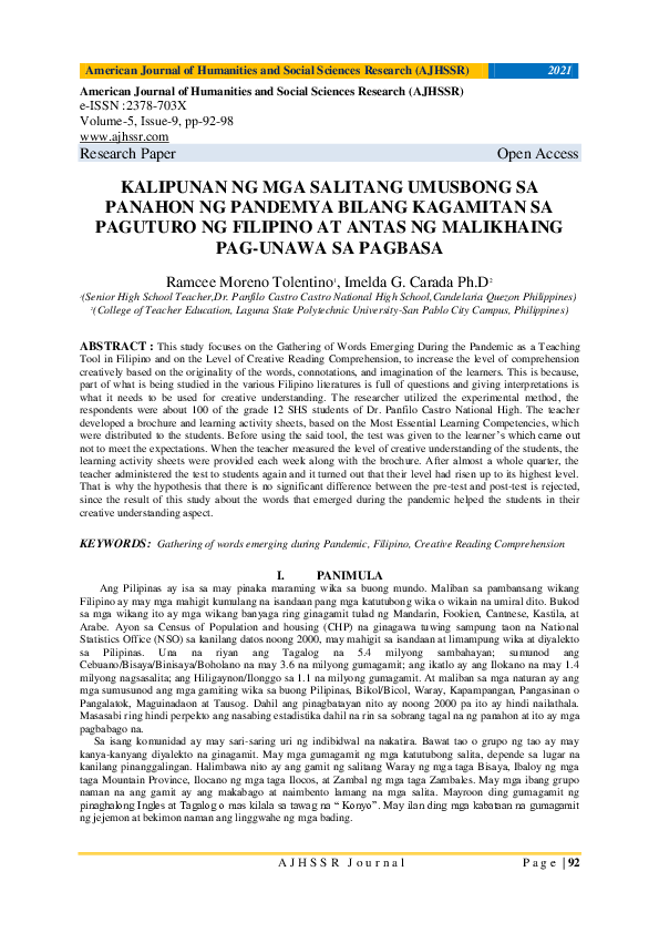 (PDF) KALIPUNAN NG MGA SALITANG UMUSBONG SA PANAHON NG PANDEMYA BILANG KAGAMITAN SA PAGUTURO NG ...