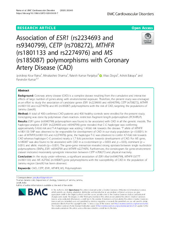 (PDF) Association of ESR1 (rs2234693 and rs9340799), CETP (rs708272 ...