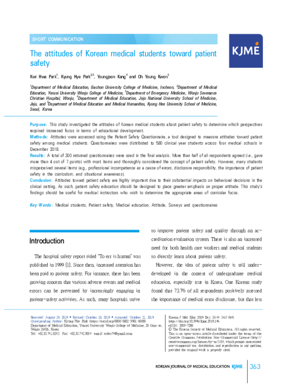 (PDF) The attitudes of Korean medical students toward patient safety