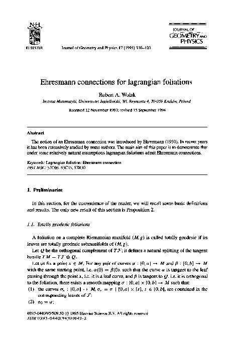 (PDF) Ehresmann connections for lagrangian foliations