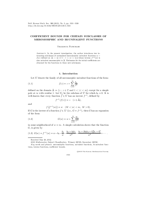 Pdf Coefficient Bounds For Certain Subclasses Of Meromorphic And Bi
