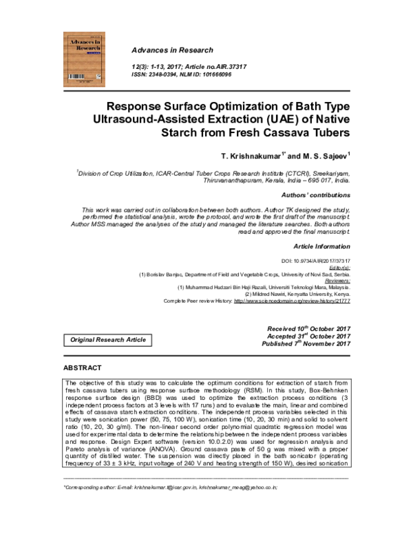 (PDF) Response Surface Optimization of Bath Type Ultrasound-Assisted ...