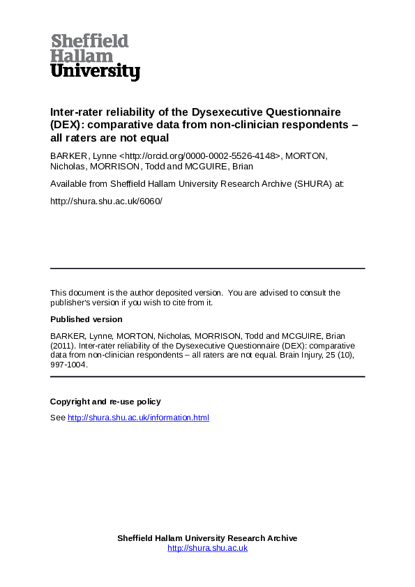 (PDF) Inter-rater reliability of the Dysexecutive Questionnaire (DEX): Comparative data from non ...