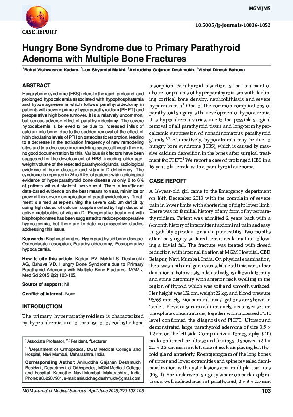 (PDF) Hungry Bone Syndrome due to Primary Parathyroid Adenoma with ...