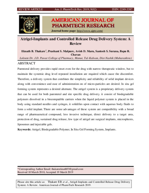 (PDF) Atrigel-Implants and Controlled Release Drug Delivery System: A ...