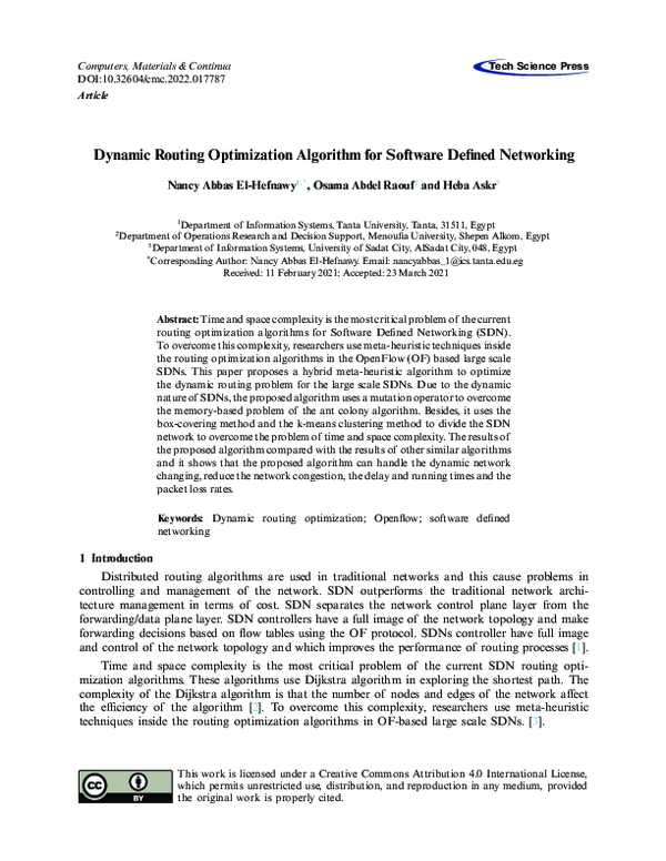 Pdf Dynamic Routing Optimization Algorithm For Software Defined Networking
